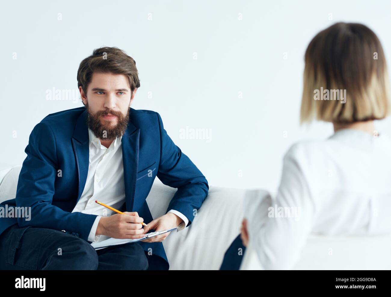 male psychologist next to female patient problems therapy stress Stock ...