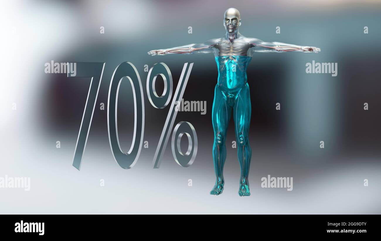 3d Illustration of body water balance, water in human body, 70% of the ...