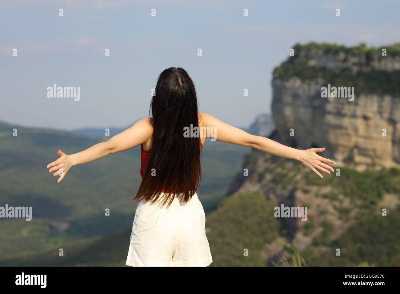 Back view portrait of a woman outstretching arms contemplating in the ...