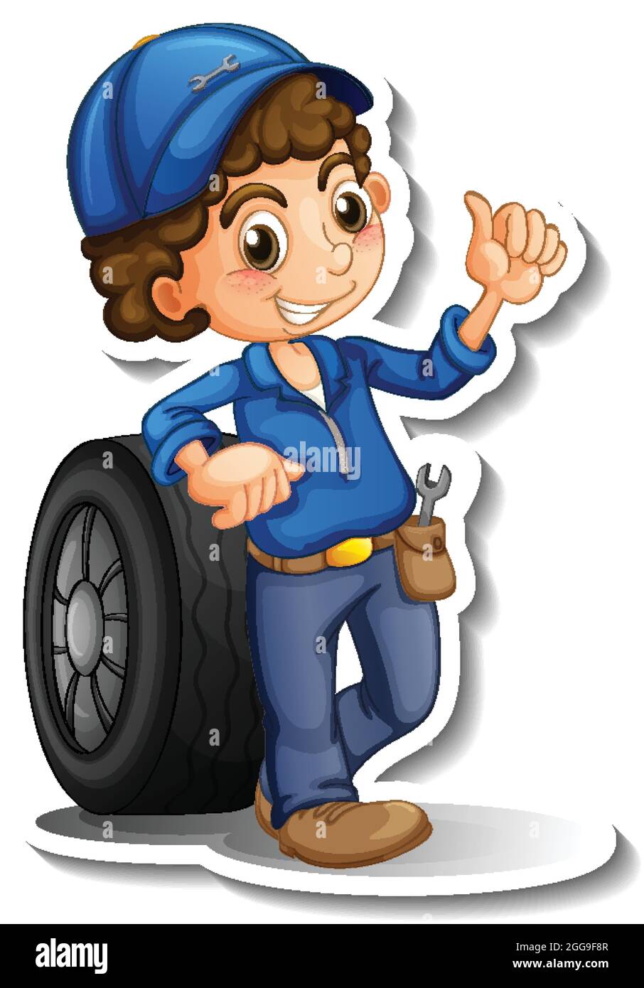 Sticker design with auto mechanic cartoon character illustration Stock ...