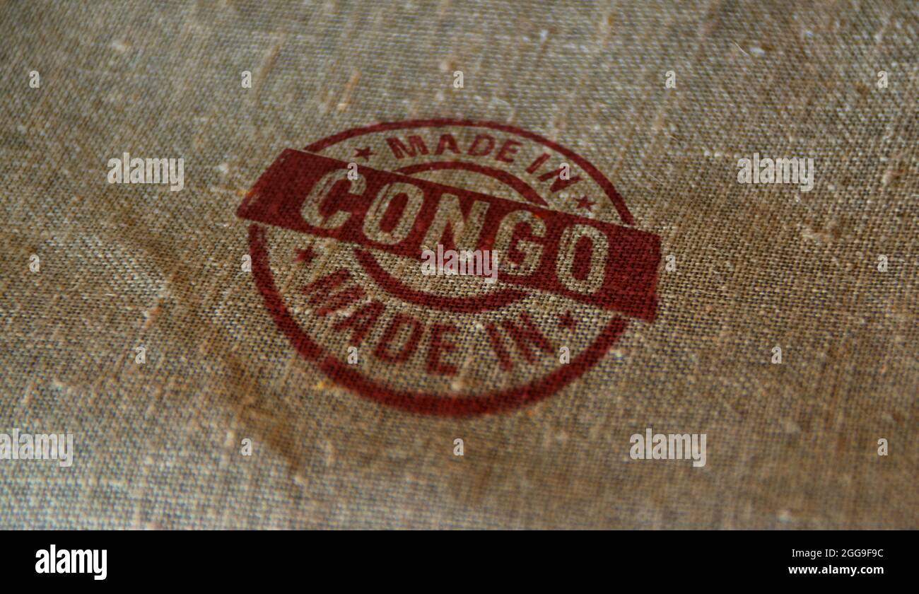 Made in Congo stamp printed on linen sack. Factory, manufacturing and ...