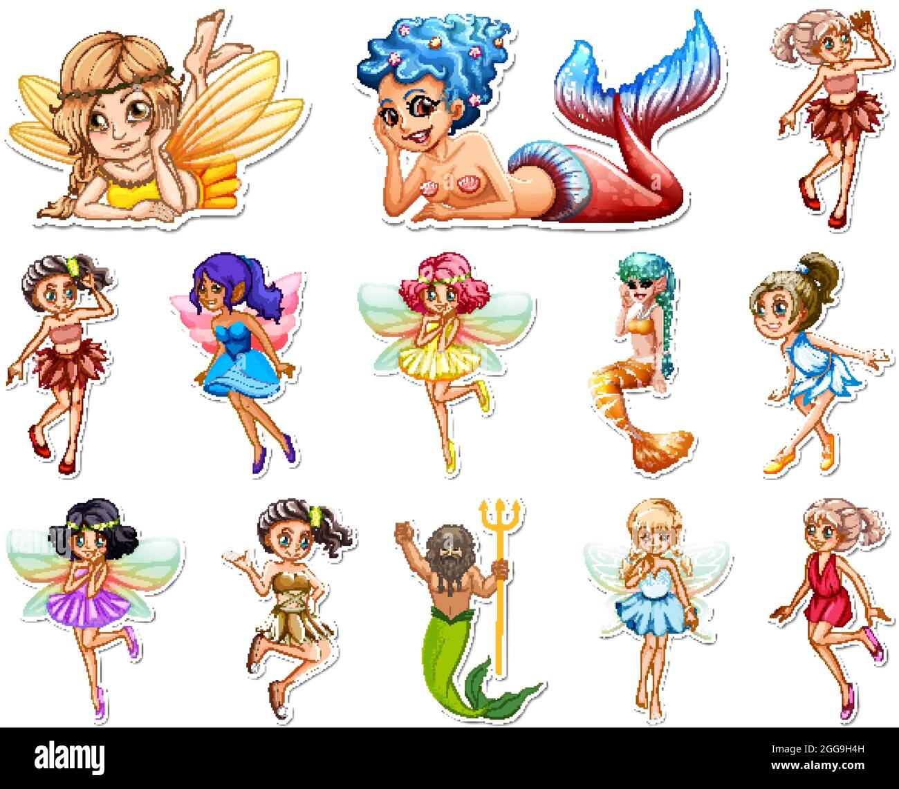 Set Of Stickers With Beautiful Fairies And Mermaid Cartoon Character