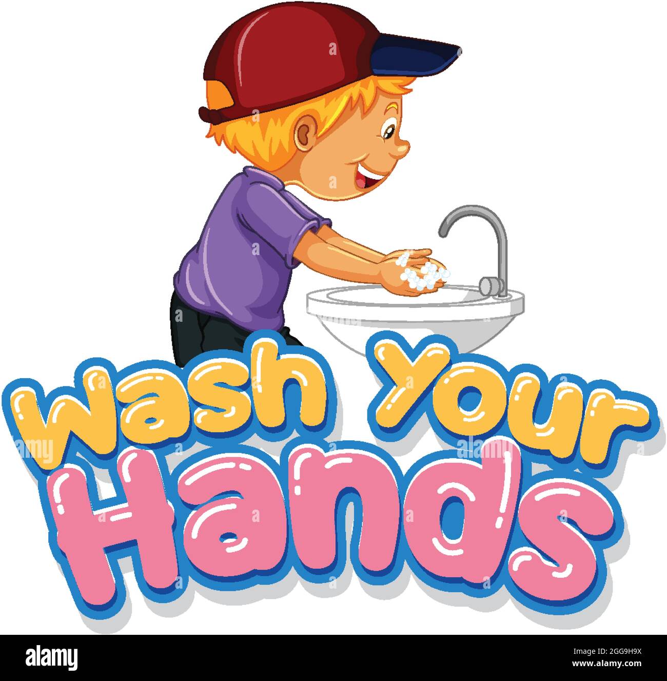 Wash your hands font design with a boy washing his hands on white ...