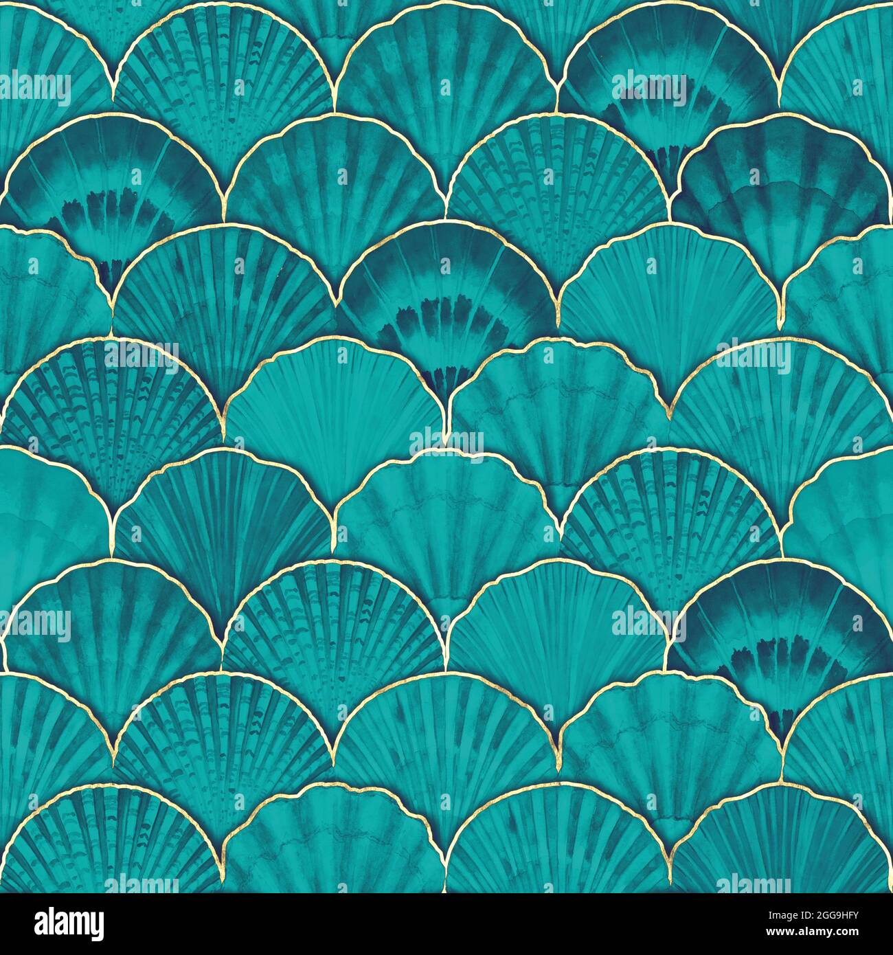 Watercolor sea shell japanese waves seamless pattern. Hand drawn ...