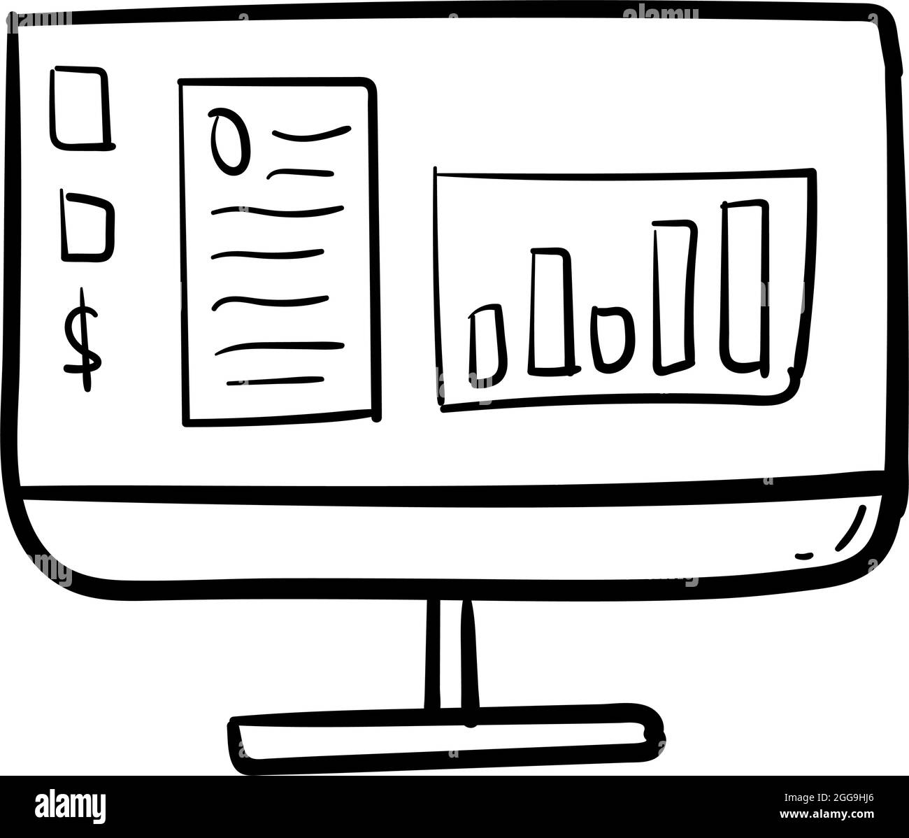 hand drawn monitor with graph icon in doodle style isolated Stock ...