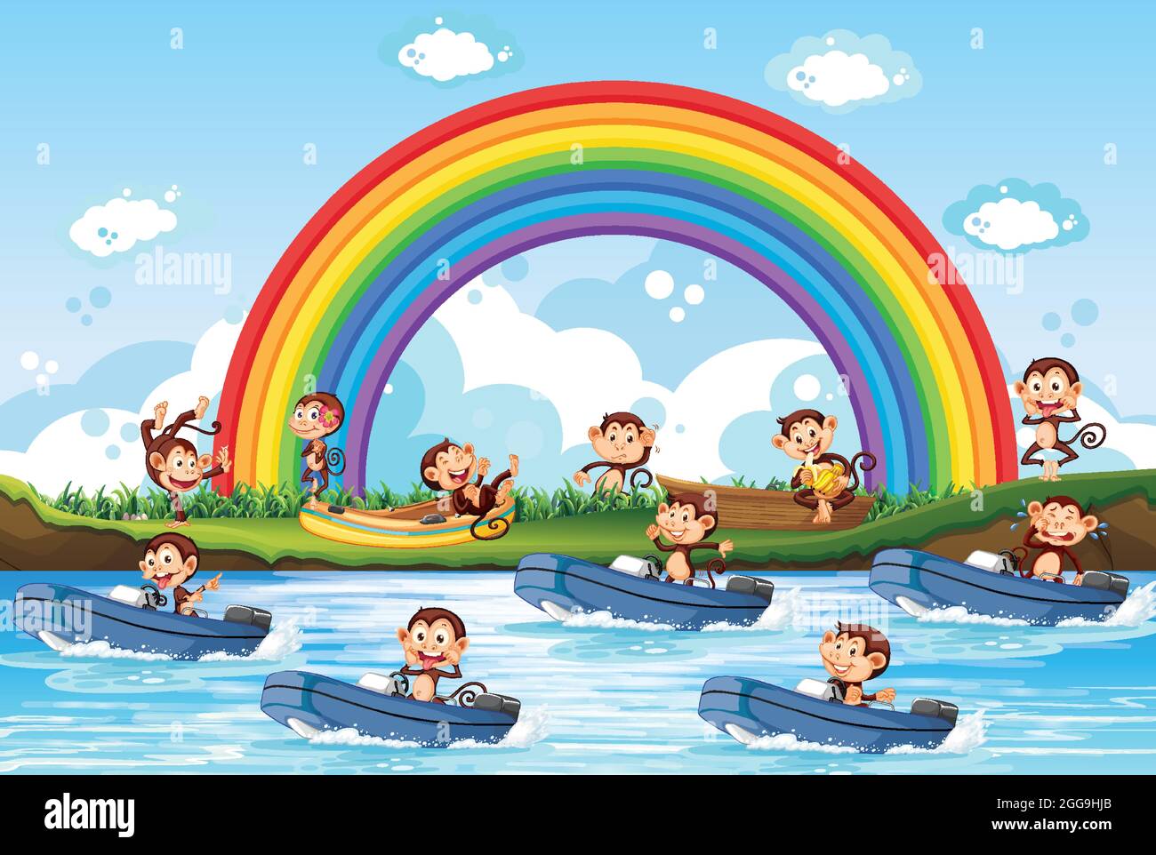 A lot of monkeys riding motor boat in the river illustration Stock ...