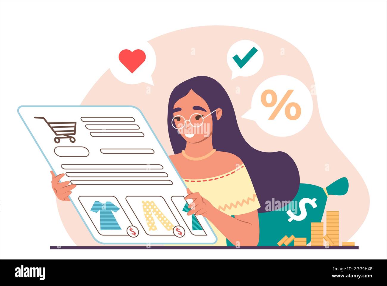 Happy woman making purchases, shopping online using tablet, flat vector ...