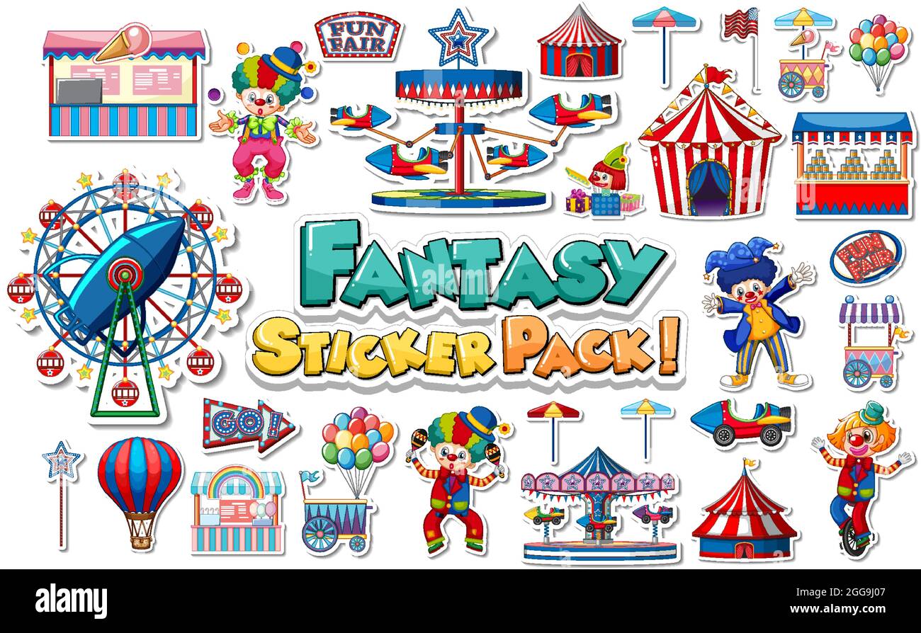 Sticker set with amusement park and funfair objects illustration Stock ...