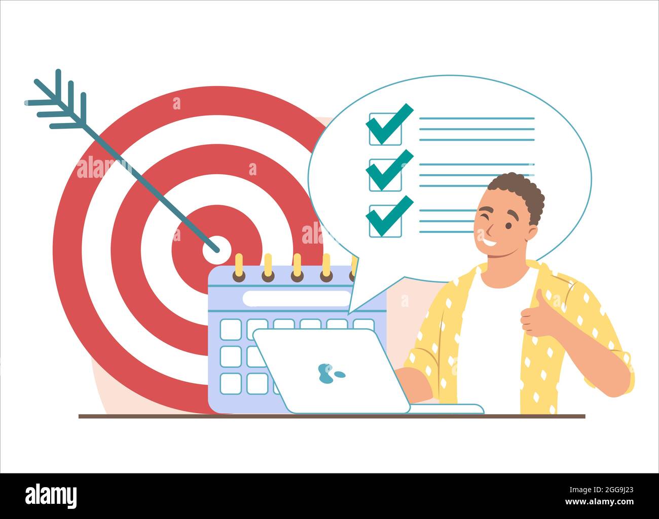 Target, calendar, to do list with check marks and businessman showing ...