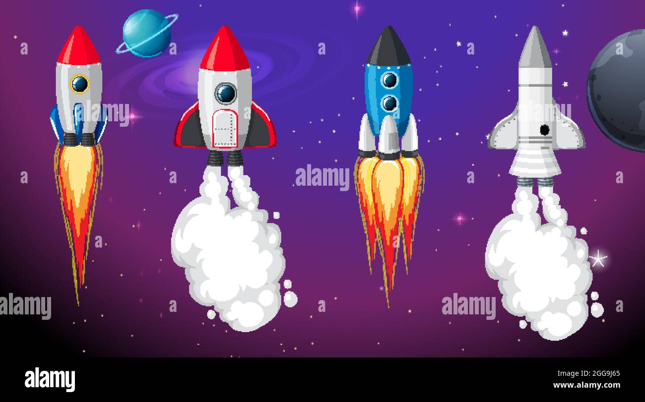 Set of different rocket and spaceship in space background illustration ...