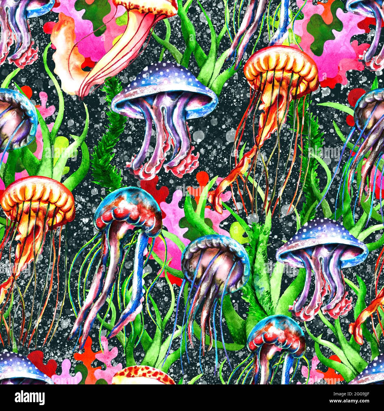 Watercolor jellyfish and algae seamless pattern, rainbow digital paper ...
