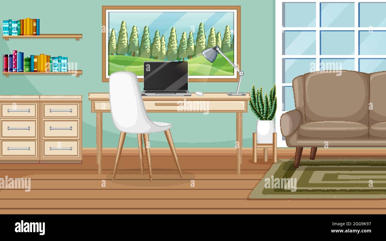 Workroom scene with a laptop on the table illustration Stock Vector ...