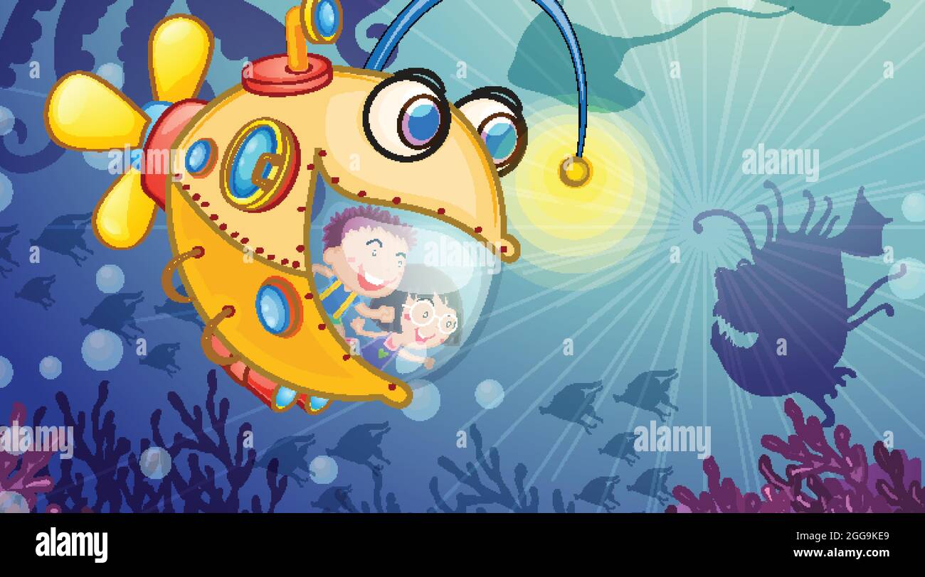 Underwater scene with happy kids in submarine exploring undersea ...