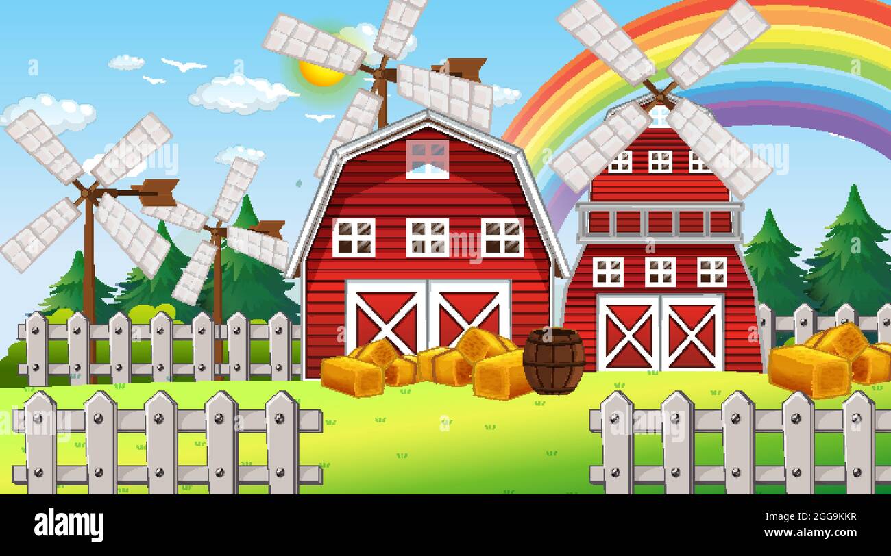 Farm landscape scene with barn and windmill illustration Stock Vector ...
