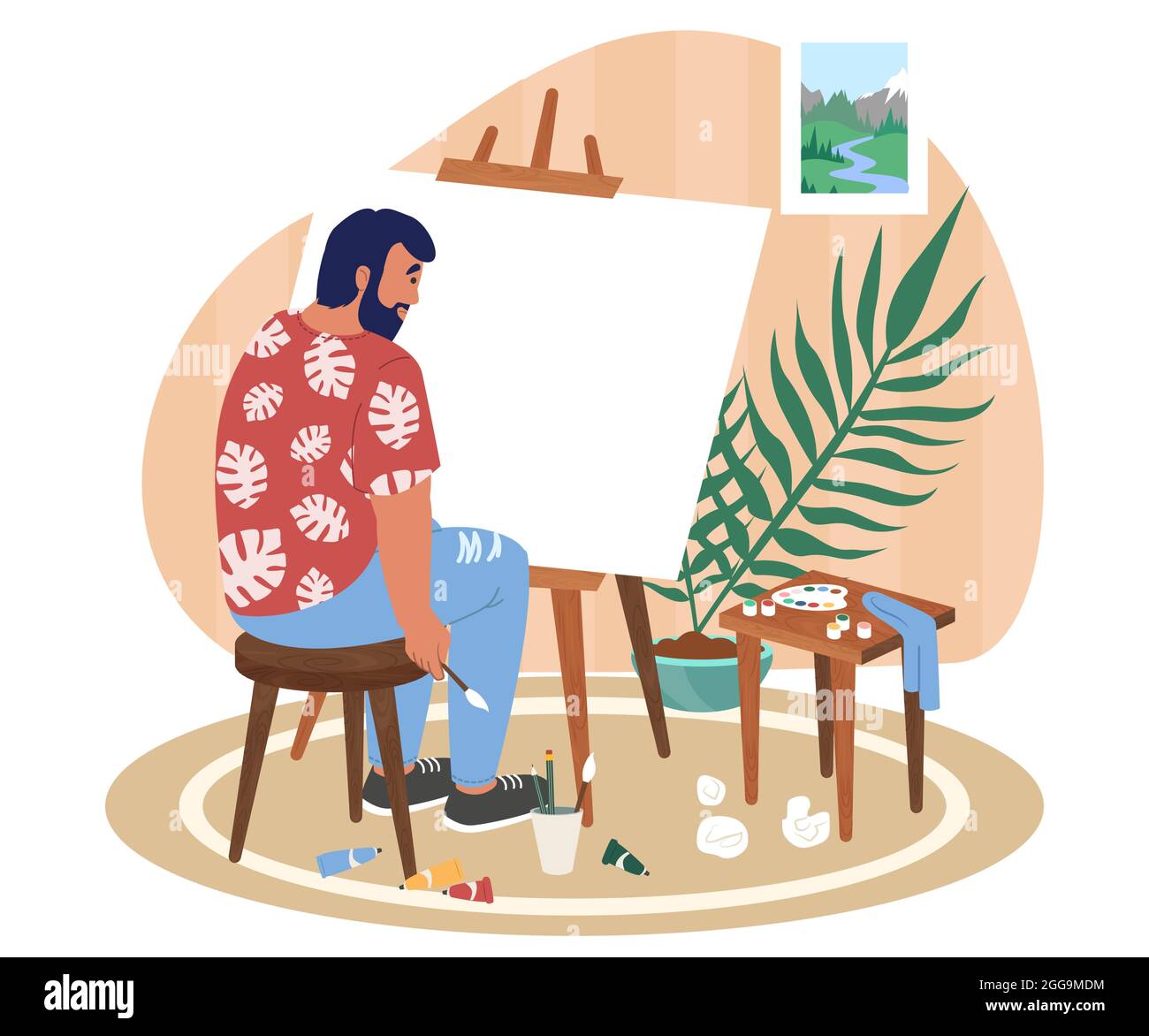 Creativity crisis, burnout. Sad man artist sitting at easel, paint ...