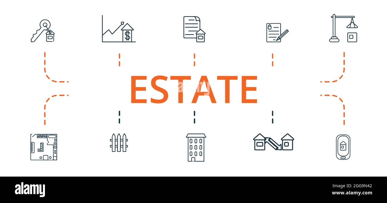 Estate icon set. Contains editable icons theme such as rental agreement ...