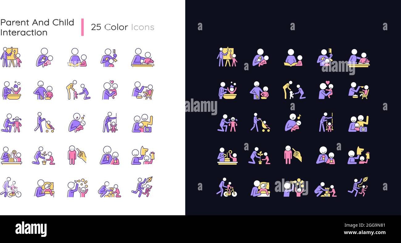 Parent and child interaction light and dark theme RGB color icons set ...