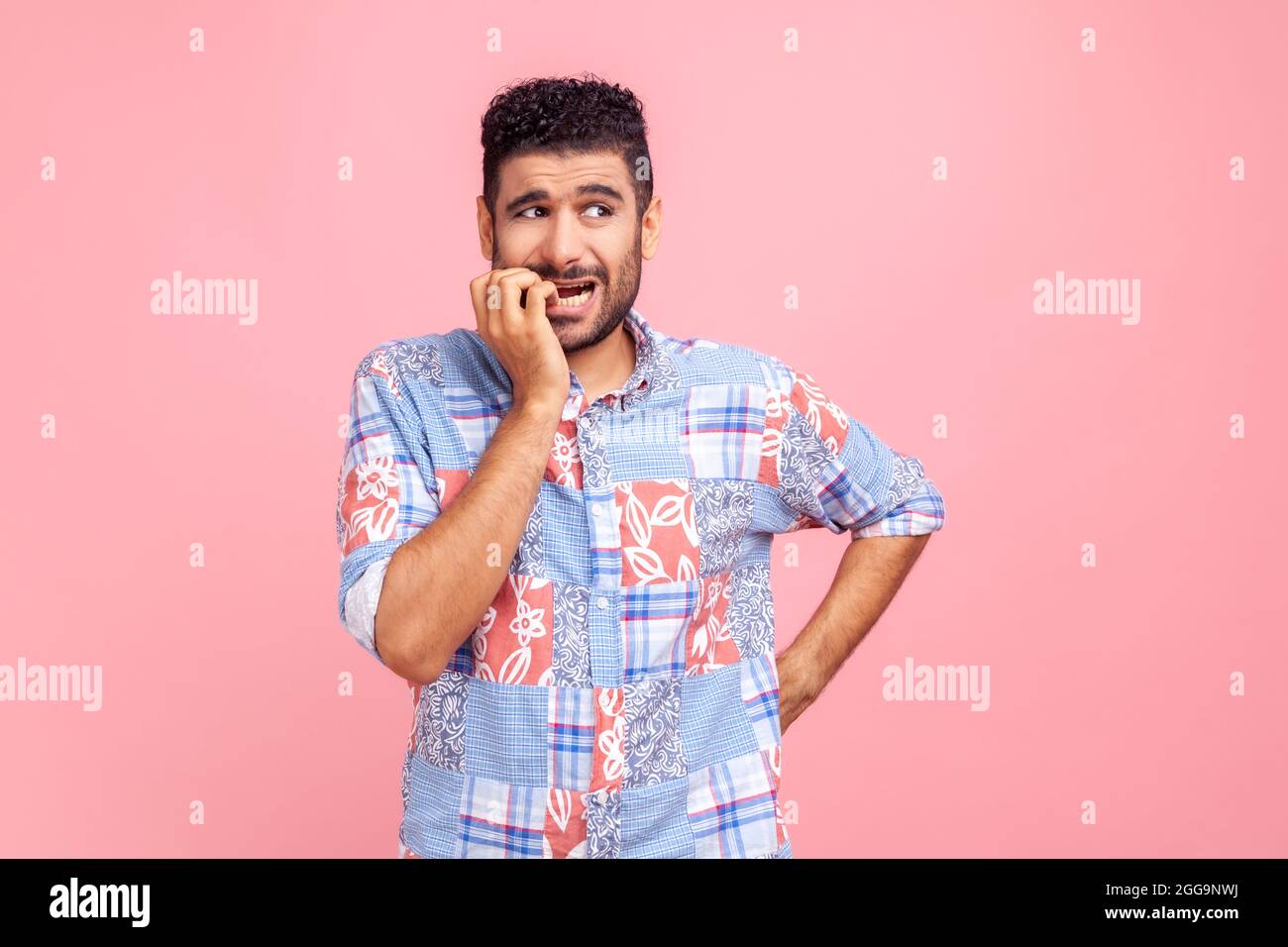 Anxiety disorder. Portrait of stressed out, worried man in blue casual ...