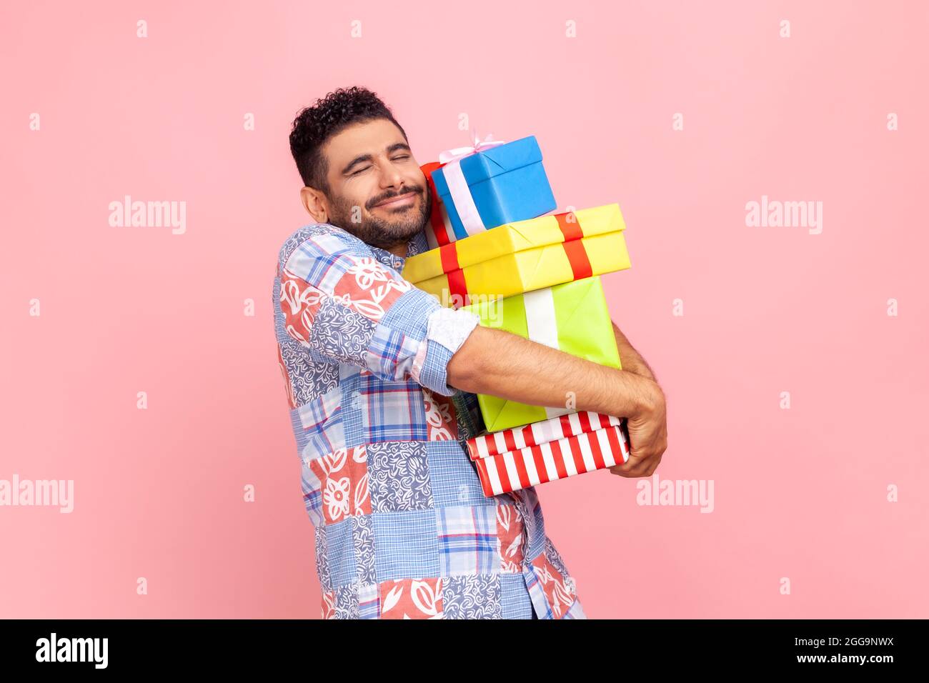 Happy satisfied man with beard wearing blue casual style shirt ...