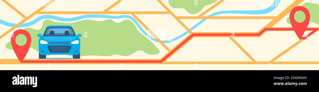 Car on city map with red pins and route between them. Horizontal banner ...