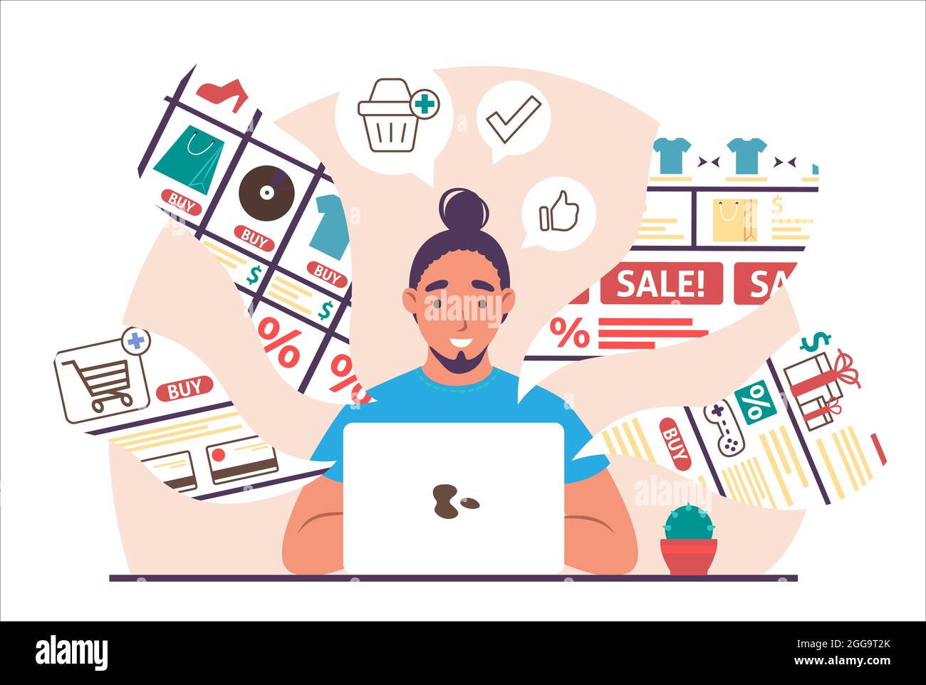 Man making purchases, shopping online using laptop computer, vector ...