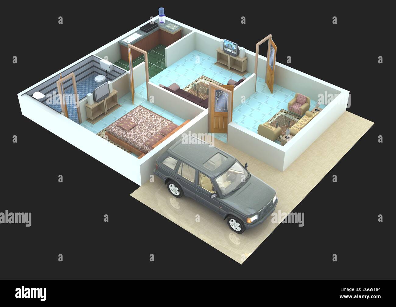 3d, colorful illustration of the modern floor plan with car and ...