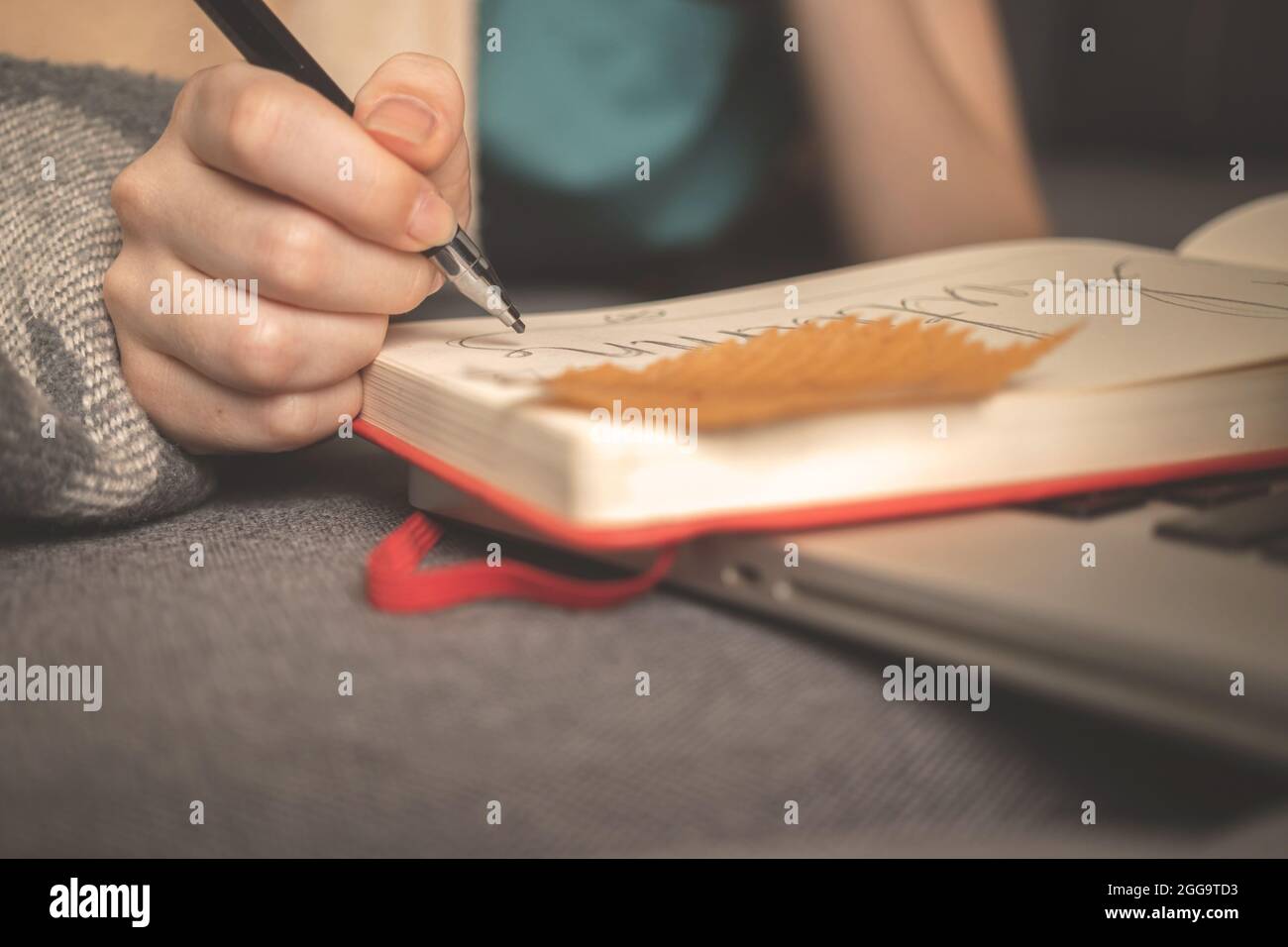 Girl writing in diary, autumn cozy background Stock Photo - Alamy