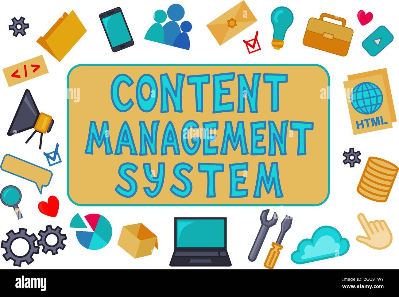 Colorful cartoon control management system infographic poster. CMS icon ...