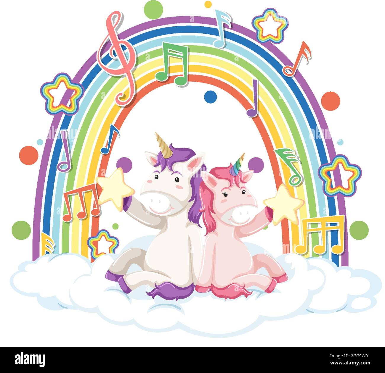Two unicorns sitting on a cloud with rainbow and melody symbol ...