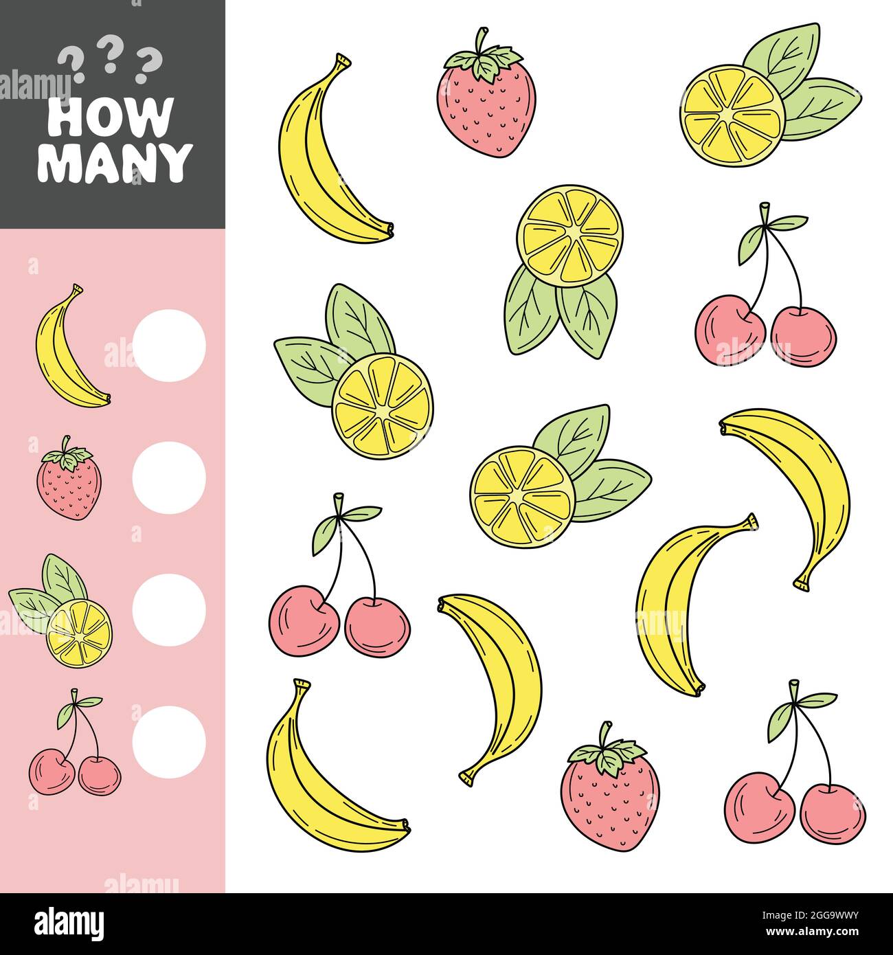 Game for preschool children. Count as many fruits in the picture, write ...