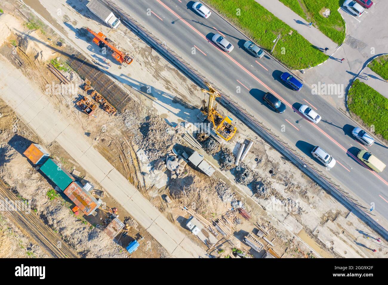 Construction of a road junction for a bridge on a highway, laying ...