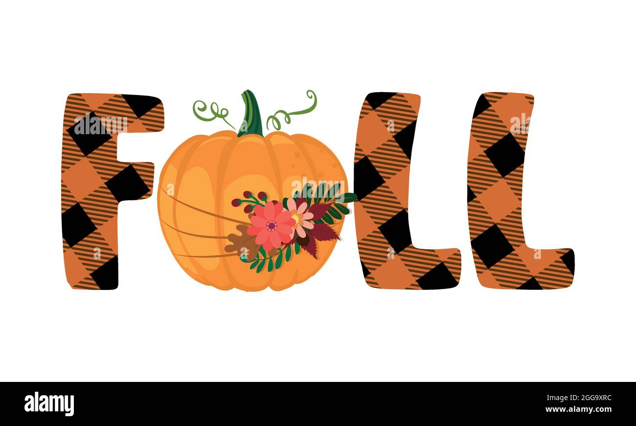 Fall word with beautiful pumpkin and fall leaves - Hand drawn ...