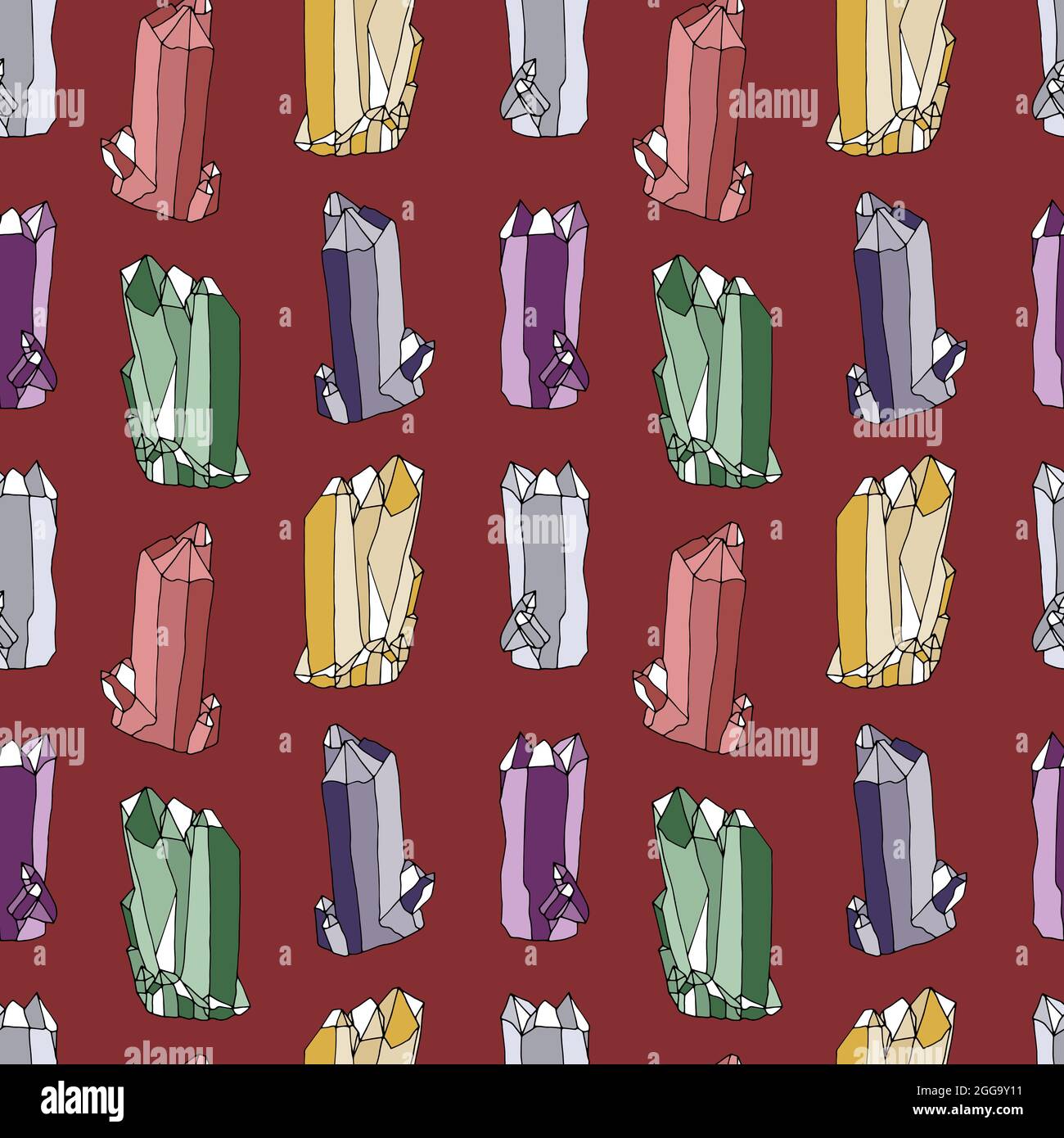 Seamless pattern with hand drawn colorful crystals on red background ...