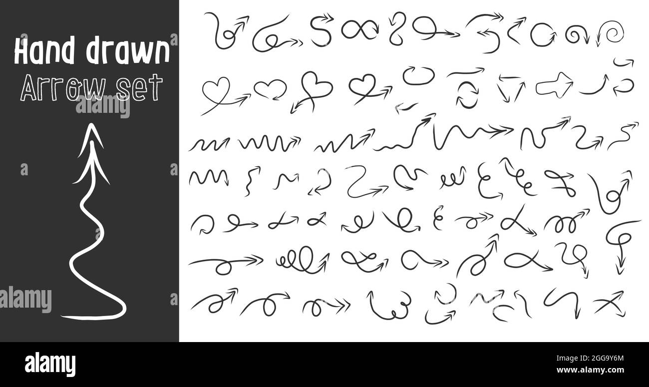 Hand drawn arrow set, big collection of pencil sketch symbols, vector ...