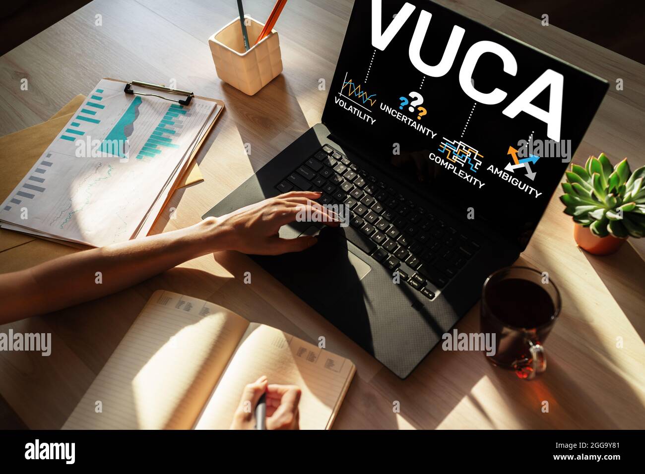VUCA world concept on screen. Volatility uncertainty complexity ...