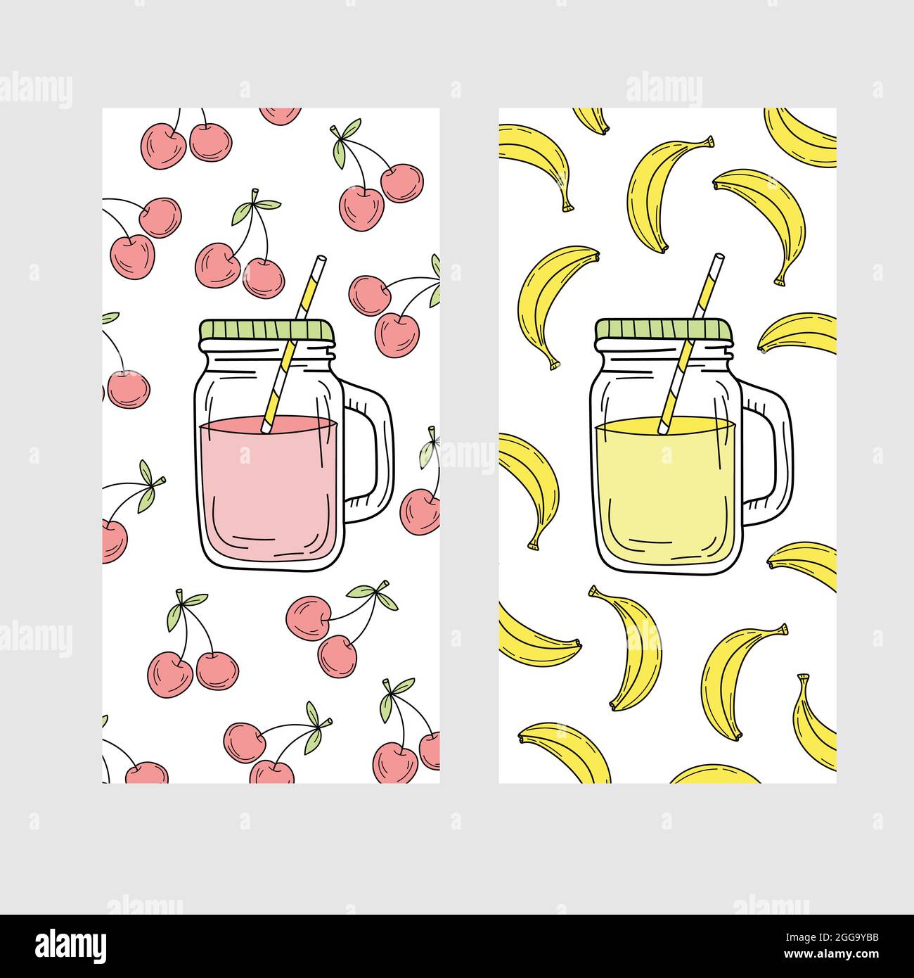 Cute set of bright summer cards with drinks. Cherry and banana lemonade ...