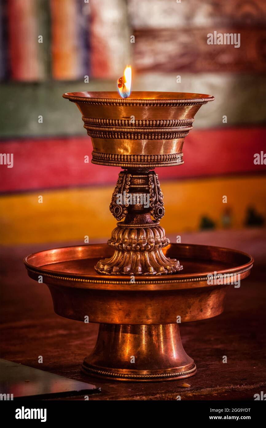 Lamp in gompa Tibetan Buddhist monastery. Ladadkh, India Stock Photo ...