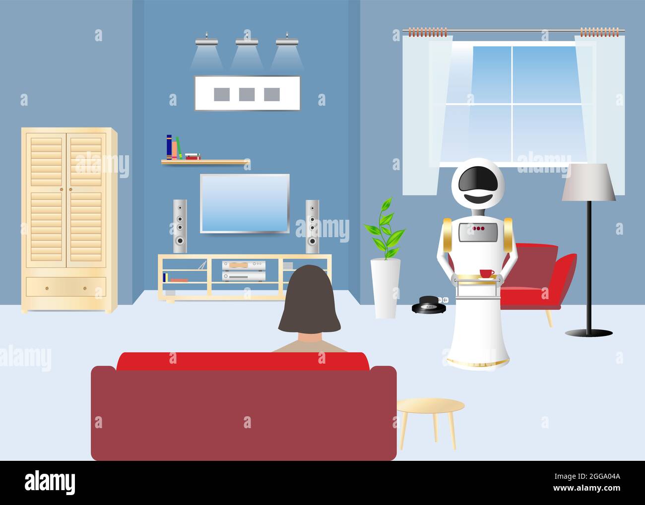Use of robots in the home concept with woman sitting on the couch in ...