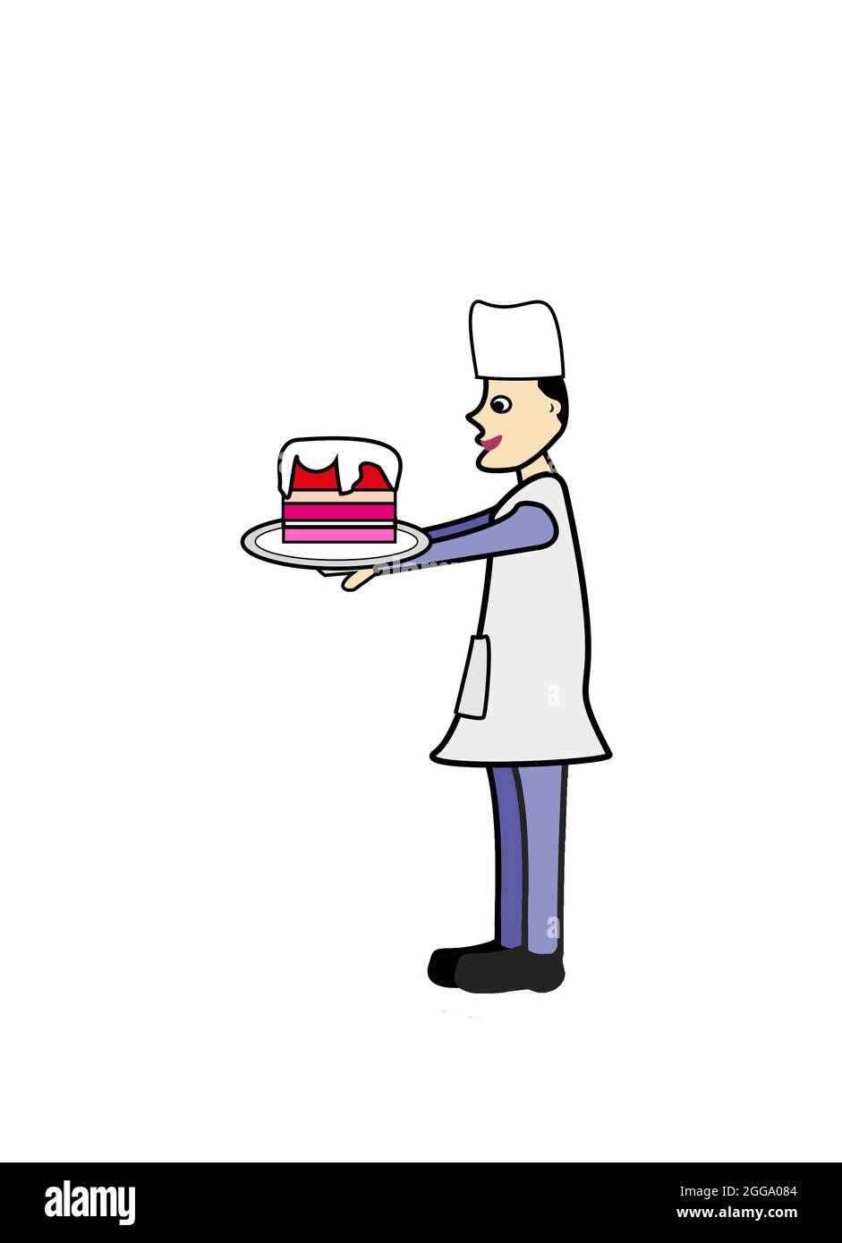 Cartoon of a chef holding a cake to serve to customers Stock Photo - Alamy