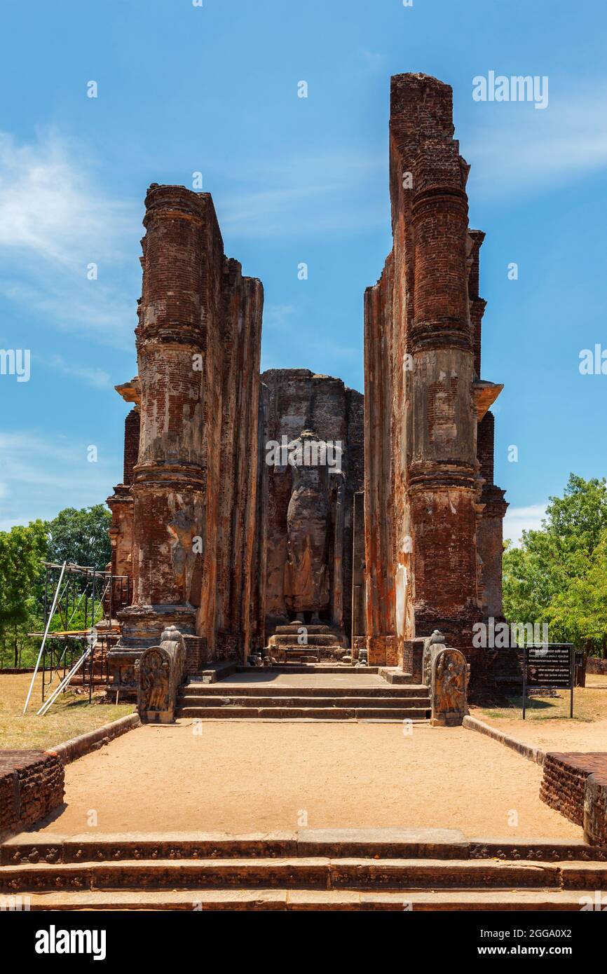 Ruins of Lankatilaka Vihara temple with Buddha image. Pollonaruwa, Sri ...
