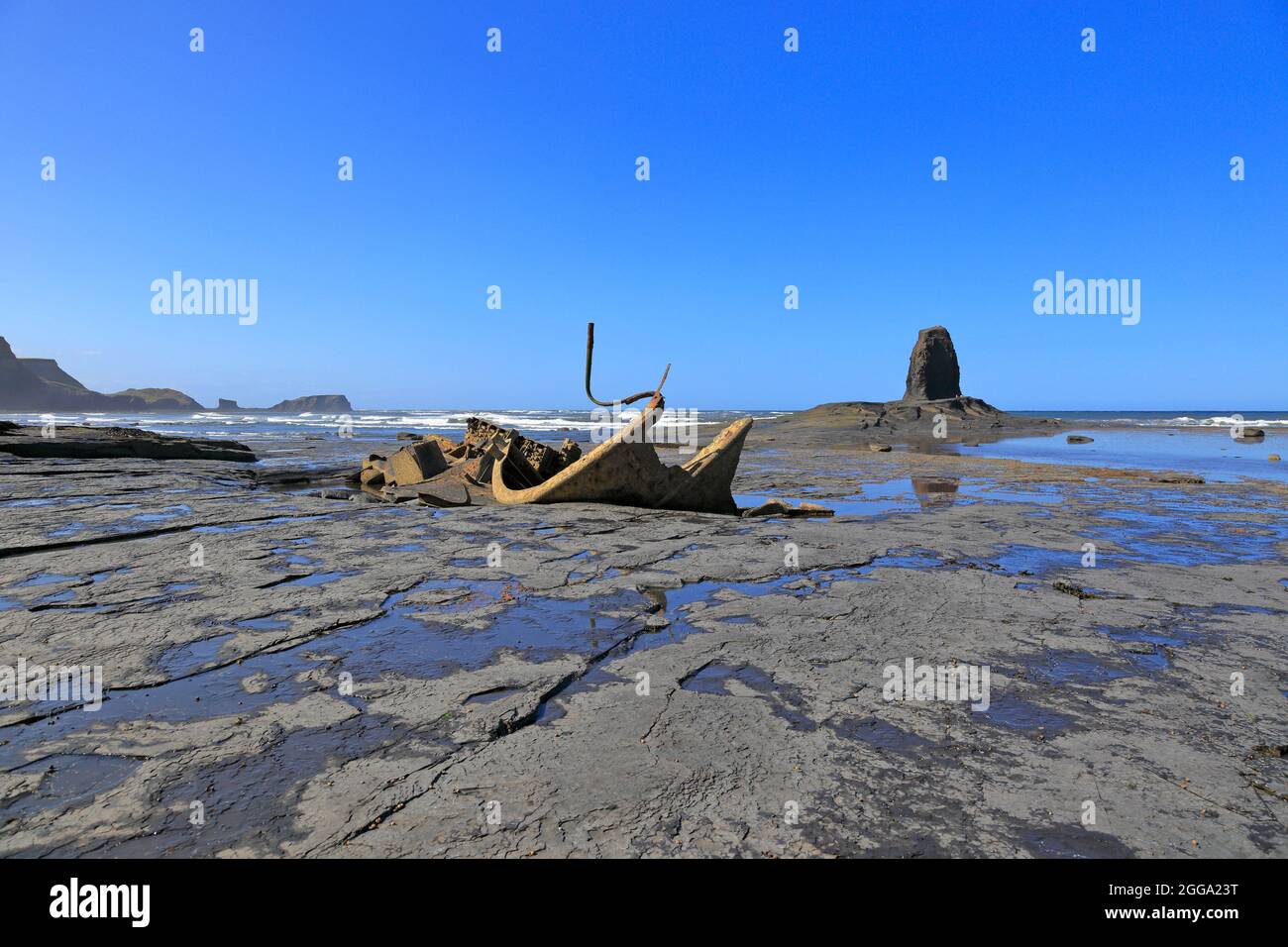 Wreck of the Admiral Von Tromp and Black Nab sea stack in Saltwick Bay ...