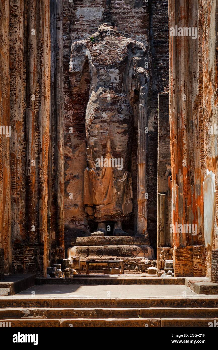 Ruins of Lankatilaka Vihara temple with Buddha image. Pollonaruwa, Sri ...