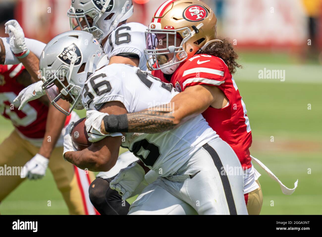 Las Vegas Raiders running back Trey Ragas (36) is tackled by San ...