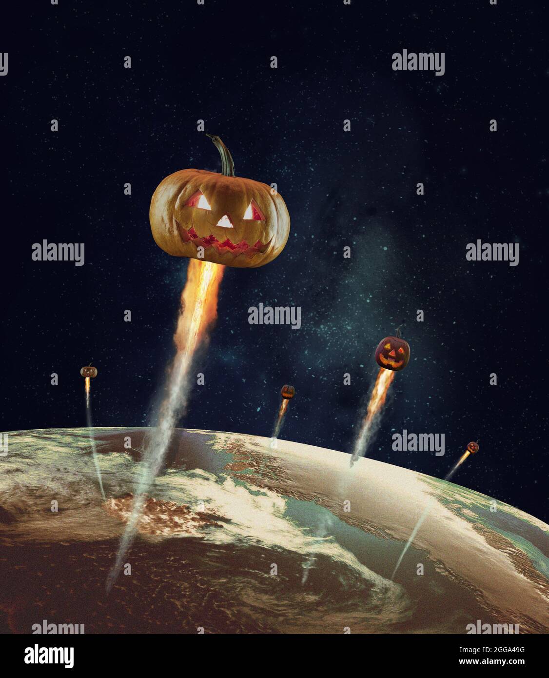 Halloween pumpkin asteroids flying out earth on starry space background ...