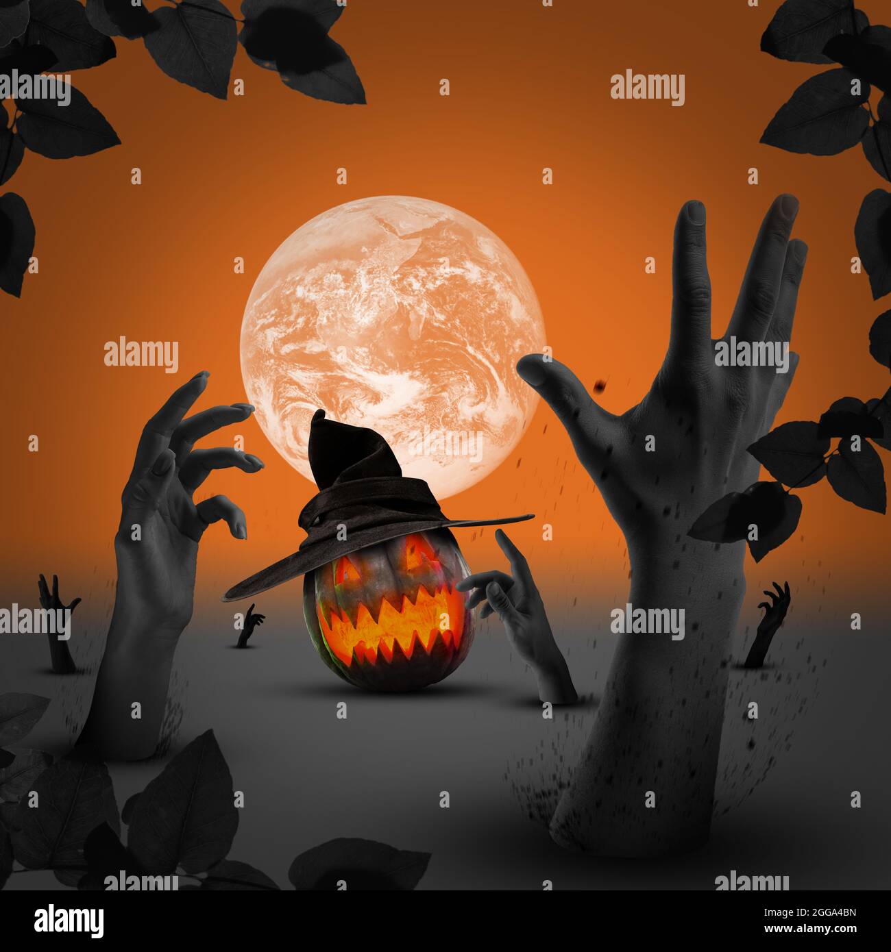 Scary Hallowing night on cemetery. Creepy hands appearing from ground ...