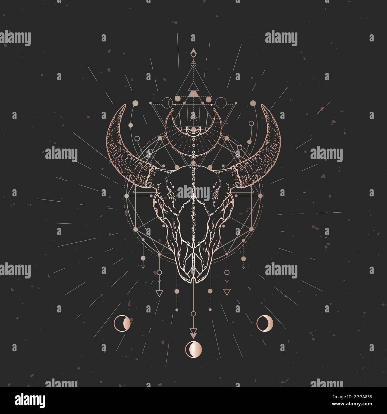 Vector illustration with hand drawn Bull skull and Sacred geometric ...