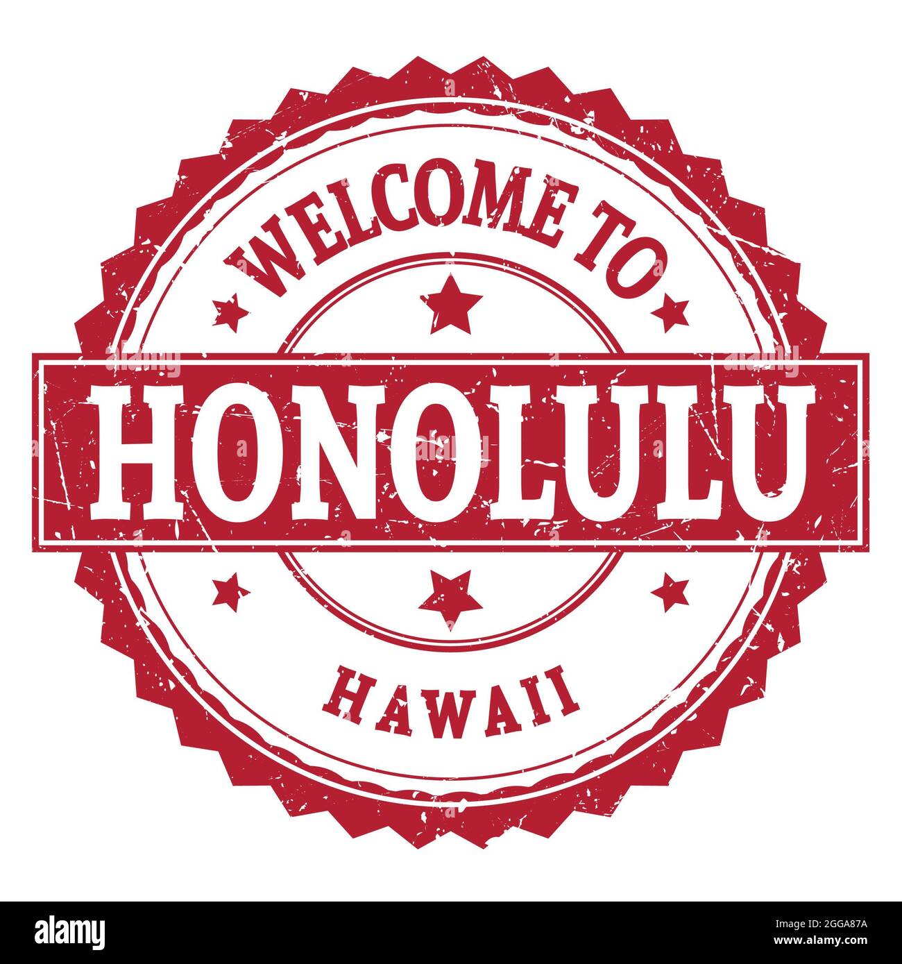 WELCOME TO HONOLULU - HAWAII, words written on red round zig zag stamp ...