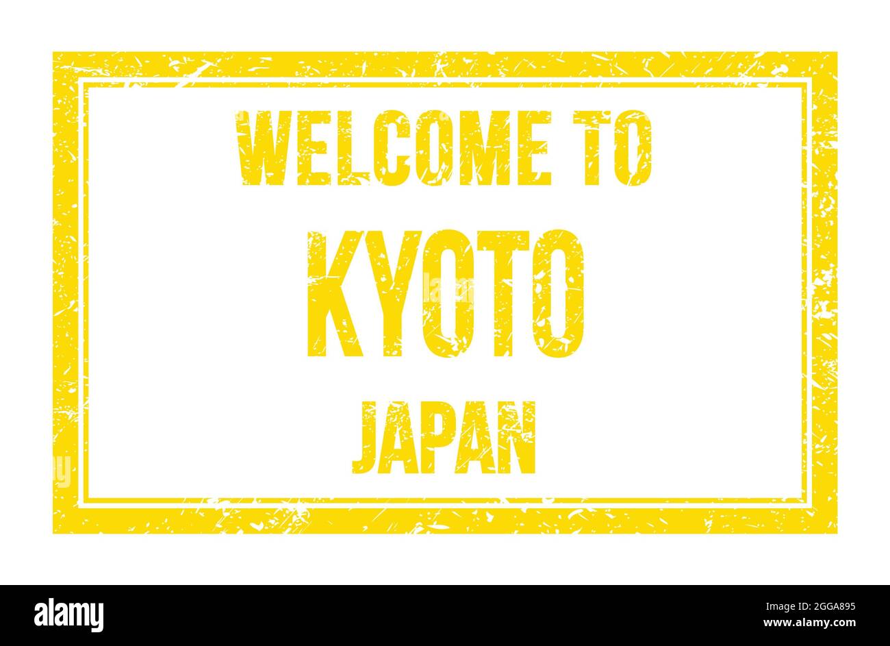 WELCOME TO KYOTO - JAPAN, words written on yellow rectangle post stamp ...