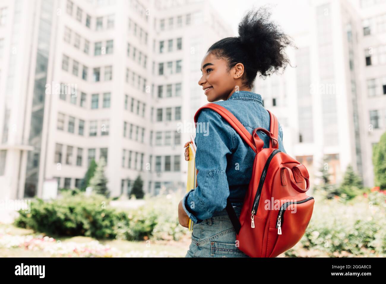 Student Girl Posing With Backpack Standing Back To Camera Outside Stock ...