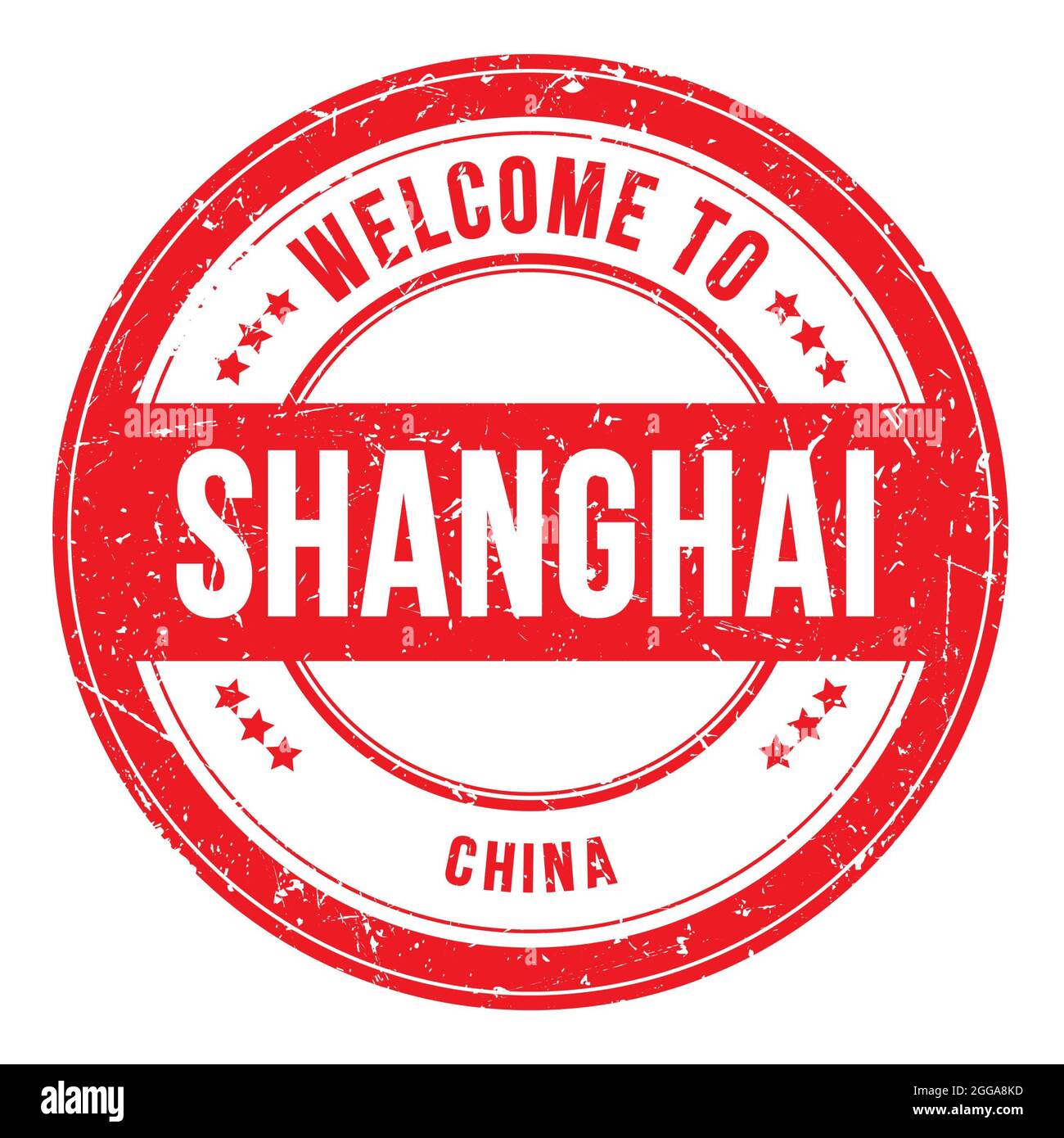 WELCOME TO SHANGHAI - CHINA, words written on red round coin stamp ...